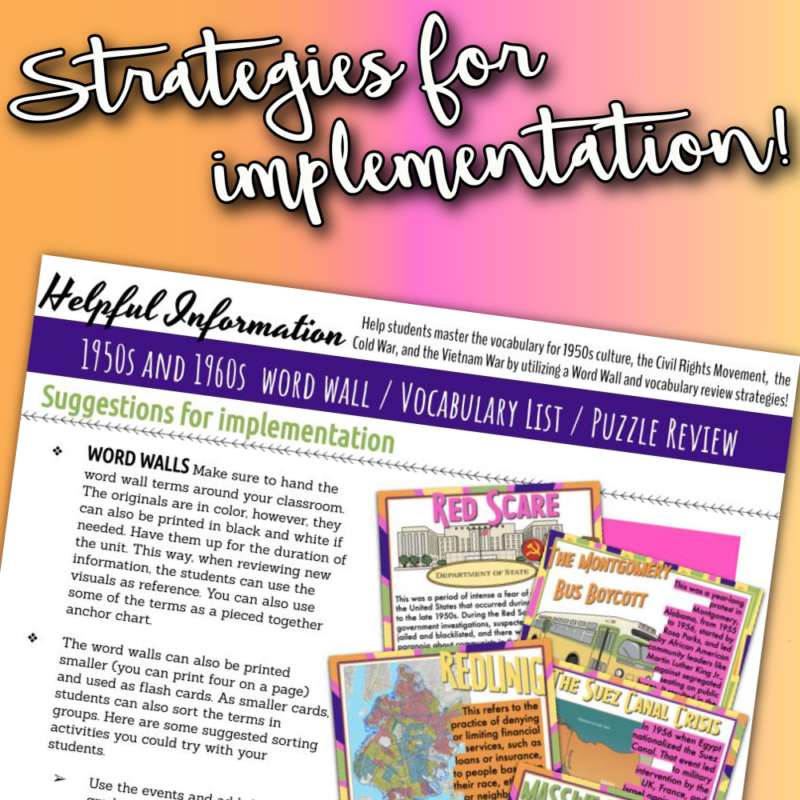 1950s and 1960s Word Wall Vocabulary Puzzle - Peacefield History